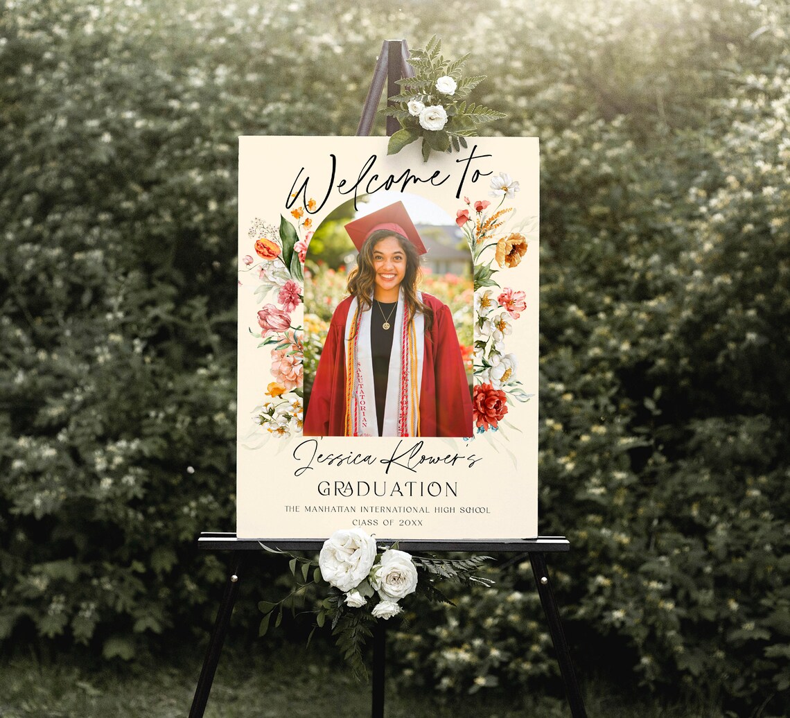 Floral Graduation Welcome Sign With Photo, Grad Party Sign, Graduation ...