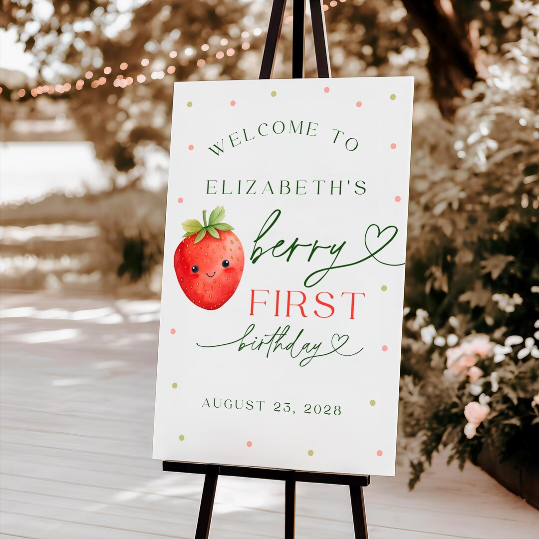 Editable Berry First Birthday Sign, Strawberry 1st Birthday Poster ...