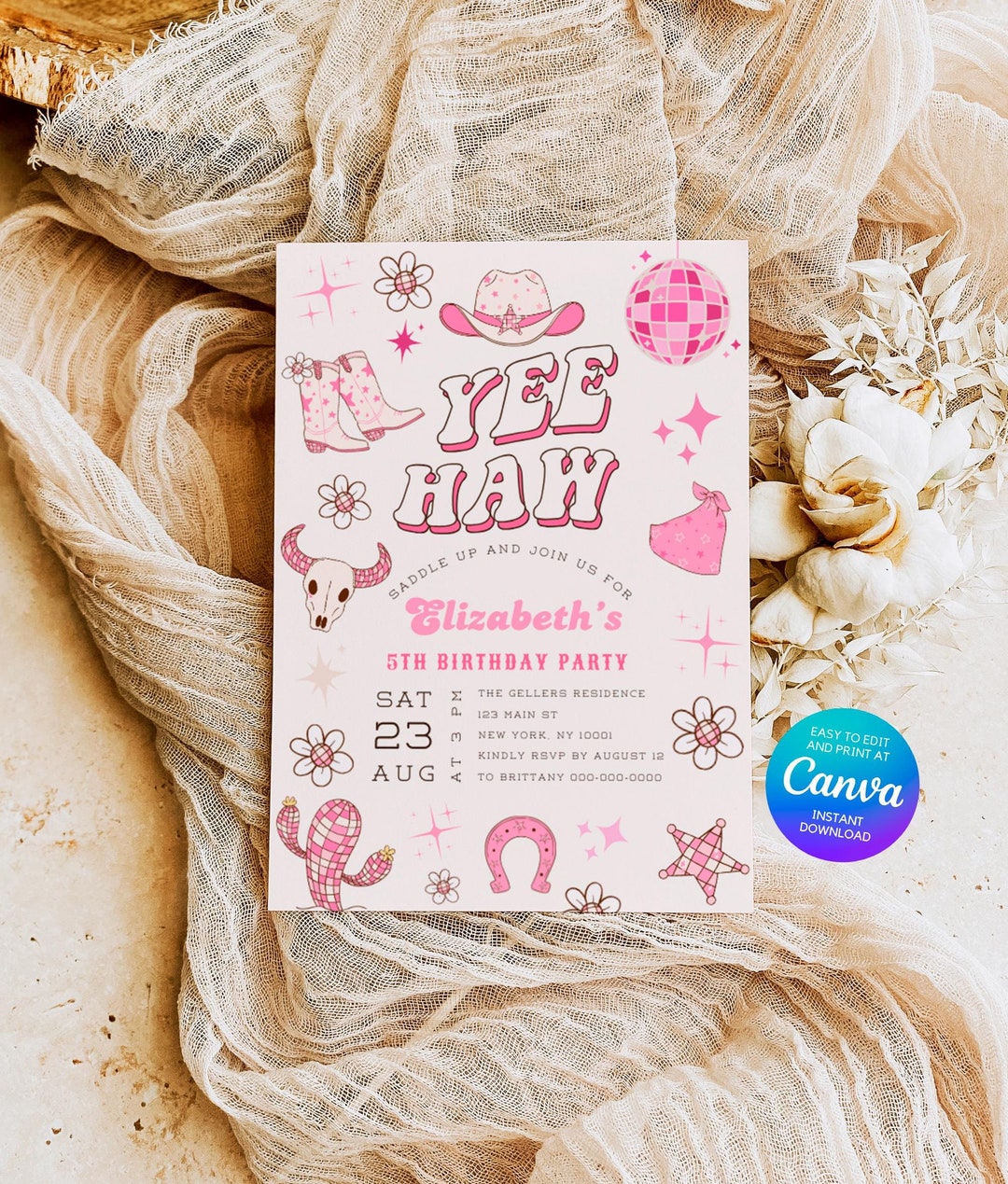 Editable Space Cowgirl Birthday Invitation, Pink Yee Haw Cowgirl Party ...