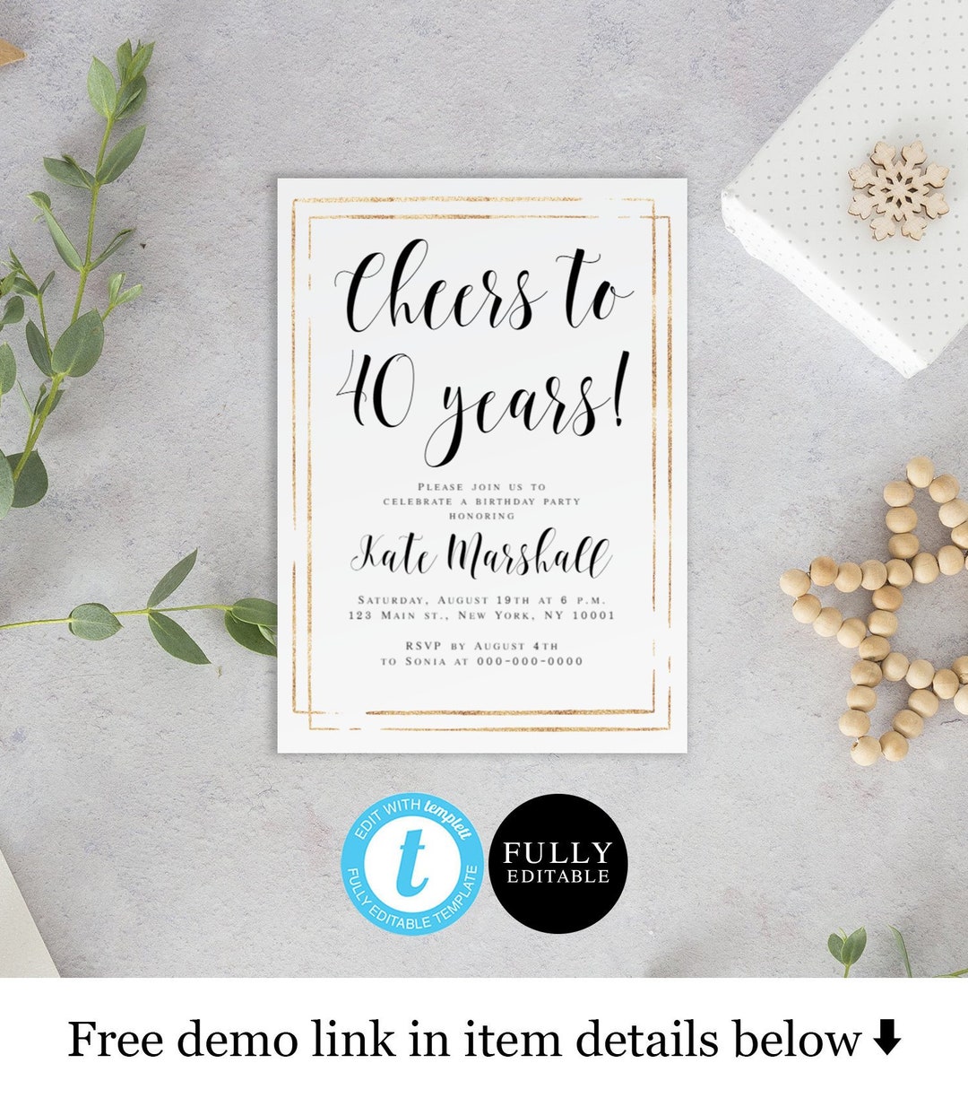 Gold Frame Birthday Invitation Template, Any Age (5x7, Instant Download ...