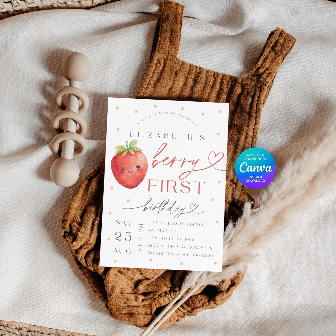 Berry First Birthday Invitation, Strawberry Theme (editable Canva ...