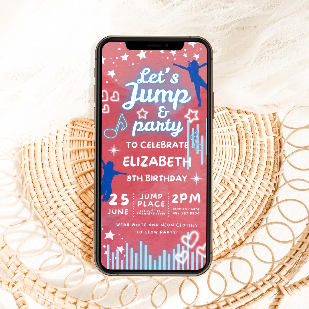 Let’s Jump and Party Trampoline Birthday Invitation Editable, Pink Glow ...