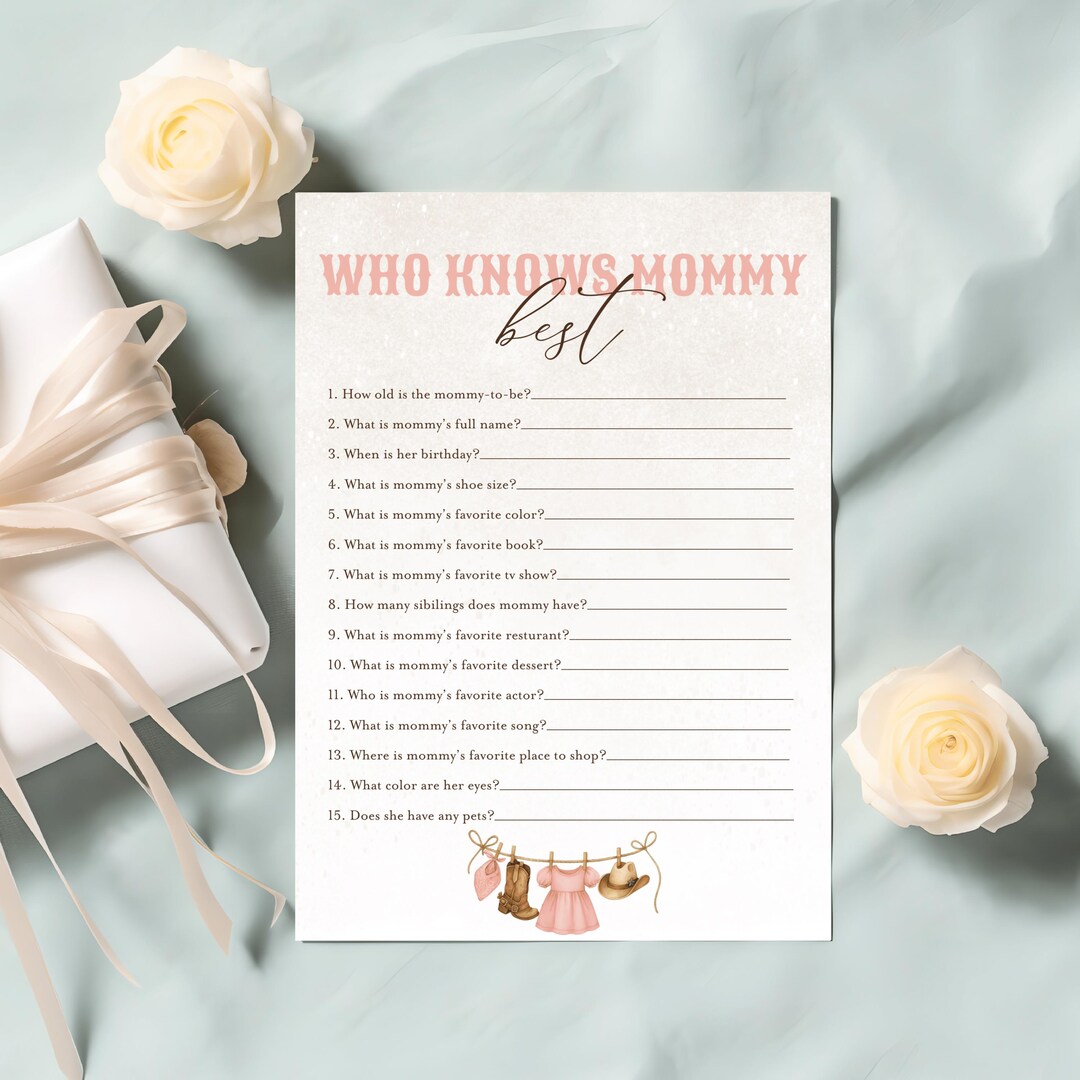 Who Knows Mommy Best Pink Cowgirl Baby Shower Game Canva Template C09 ...