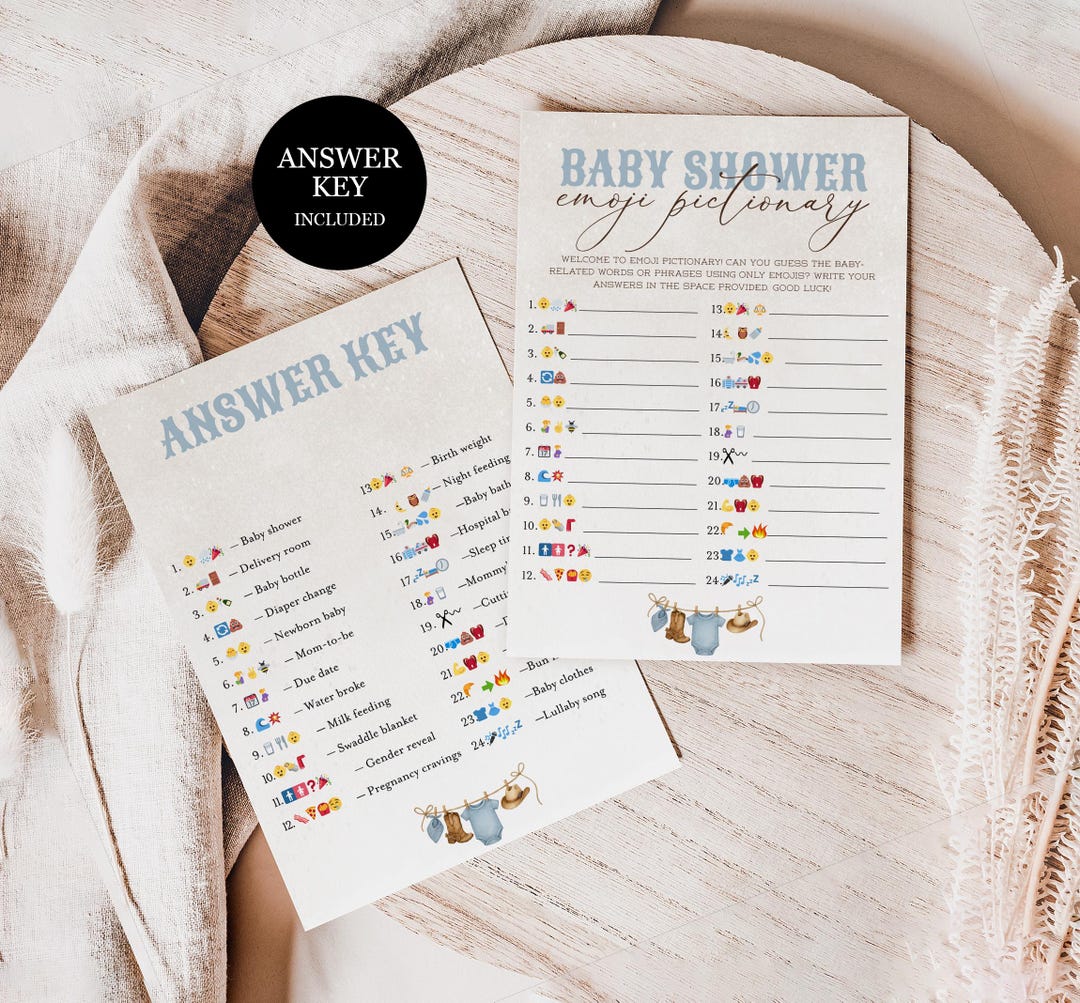 Cowboy Baby Shower Emoji Pictionary Game: Blue Theme (canva Template ...
