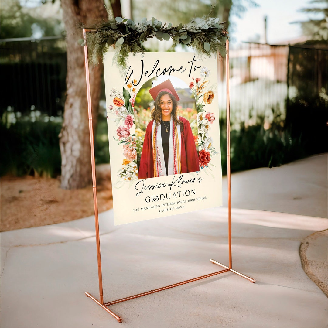 Floral Graduation Welcome Sign With Photo, Grad Party Sign, Graduation ...
