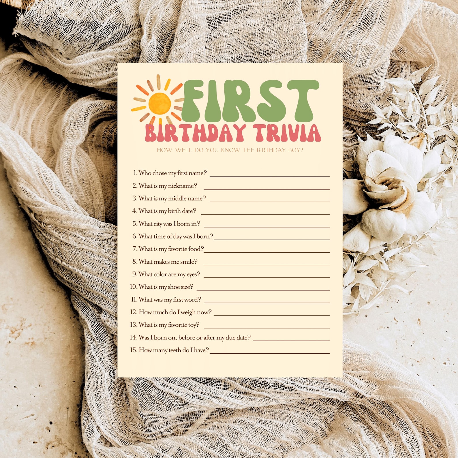 First Birthday Trivia Game Printable, Baby’s 1st Birthday Party Game ...