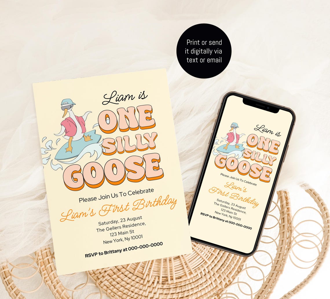 Silly Goose 1st Birthday Invitation: Retro Goose Theme (editable Canva ...