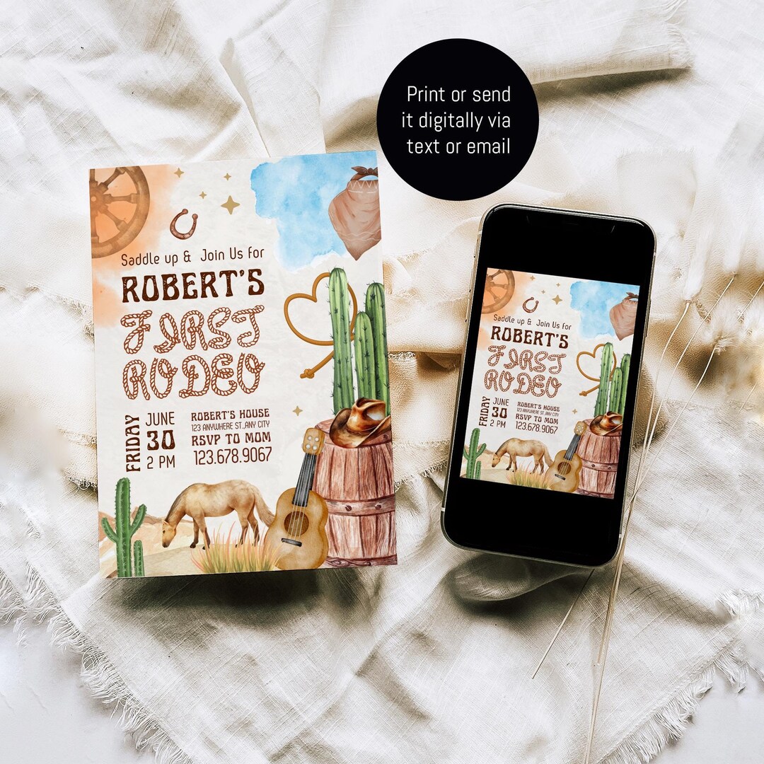Editable My First Rodeo Birthday Invitation, Boy Cowboy Wild West Theme ...