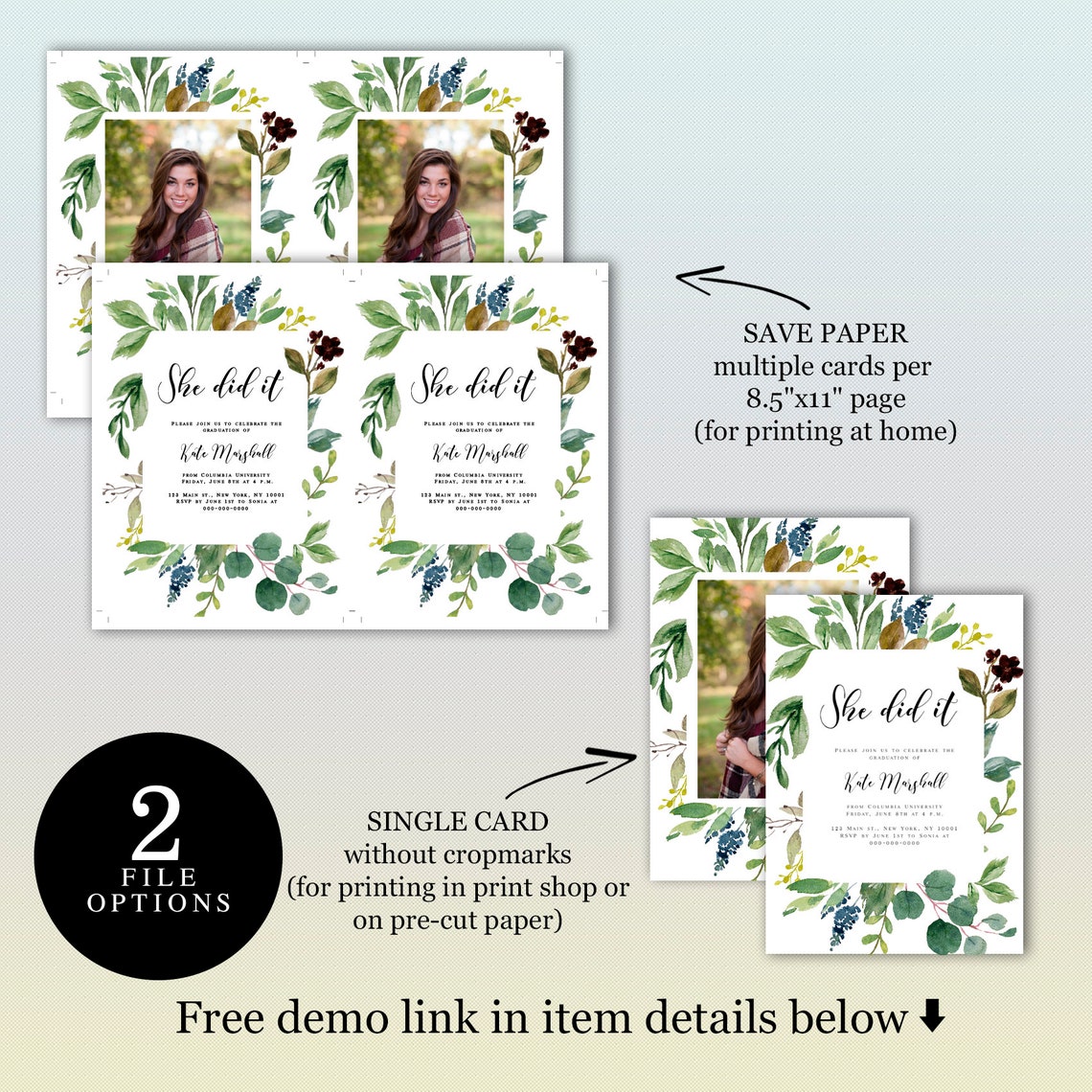 Boho Foliage Graduation Invitation Template She Did It Class - Etsy