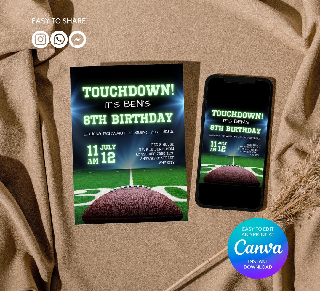 Editable Football Birthday Party Invitation, Neon Sports Theme Card ...
