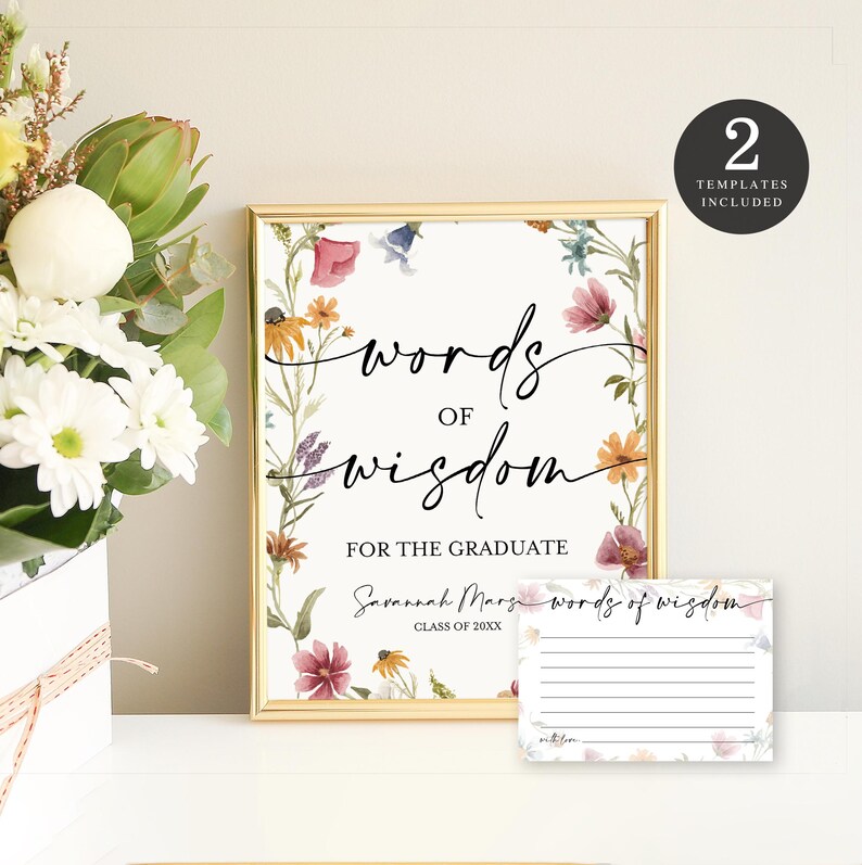 Wildflower Words of Wisdom for the Graduate Sign, Editable Graduation ...