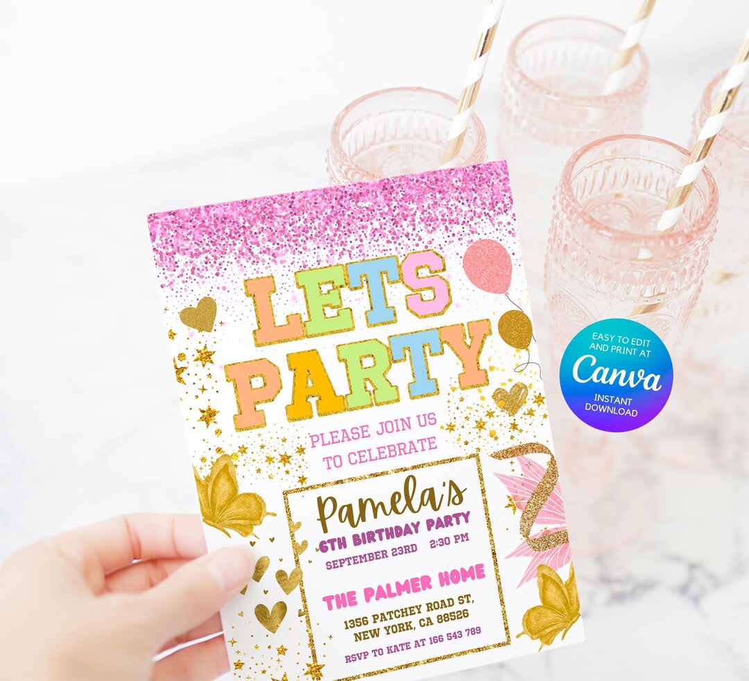 Editable Glitter Pink Birthday Invitation, Preppy Varsity Patch ...