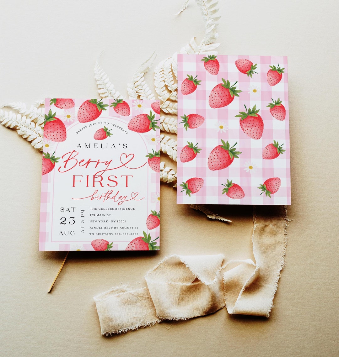 Berry Cute 1st Birthday Invitation, Editable Strawberry Theme, Digital ...