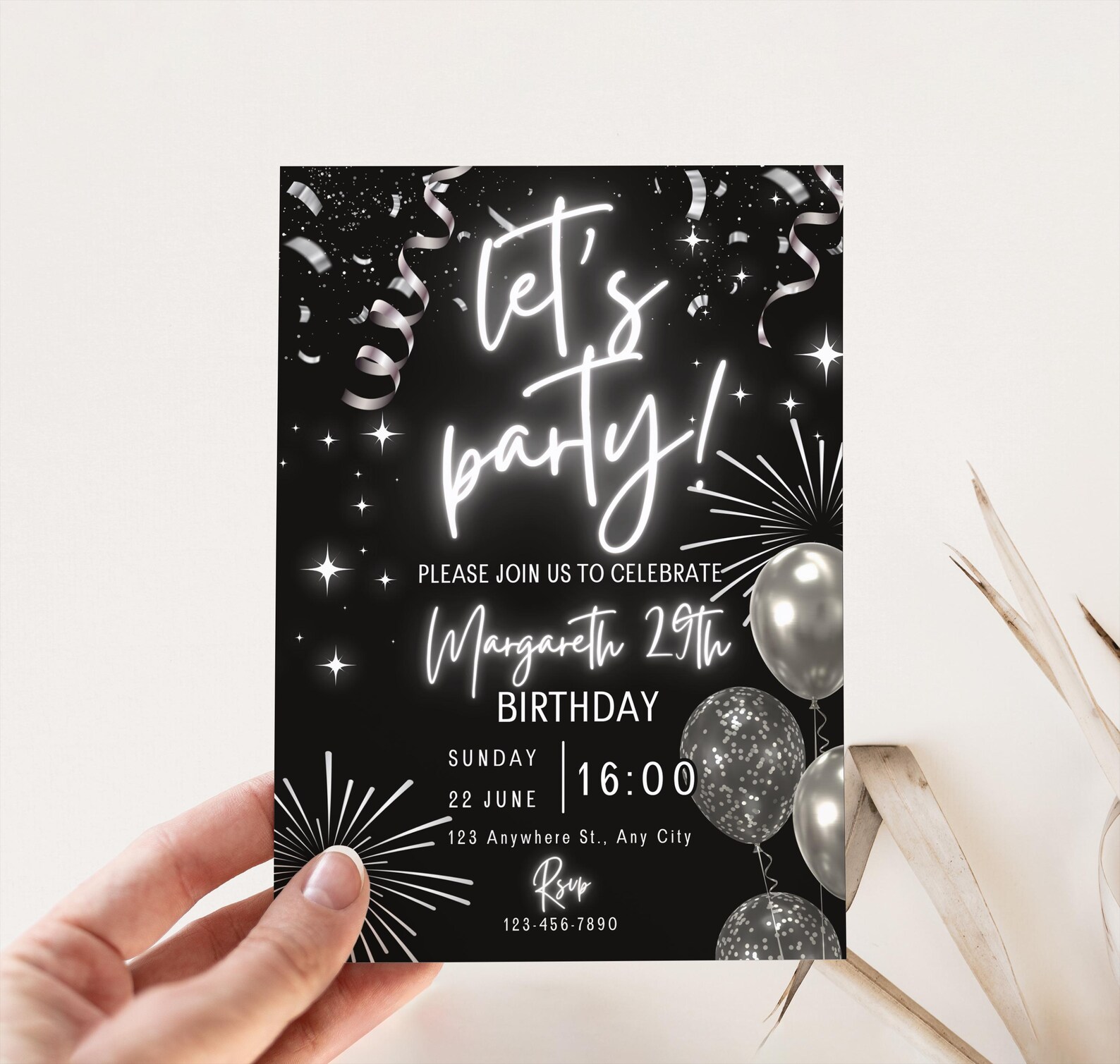 Elegant Black and Silver Birthday Party Invitation, Printable or ...