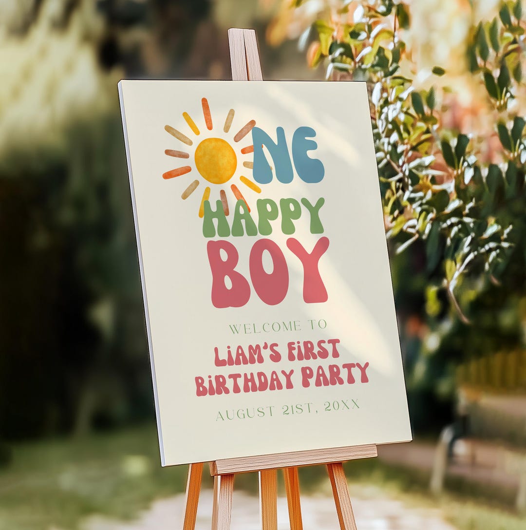 Editable One Happy Boy First Birthday Sign, 1st Birthday Welcome Poster ...