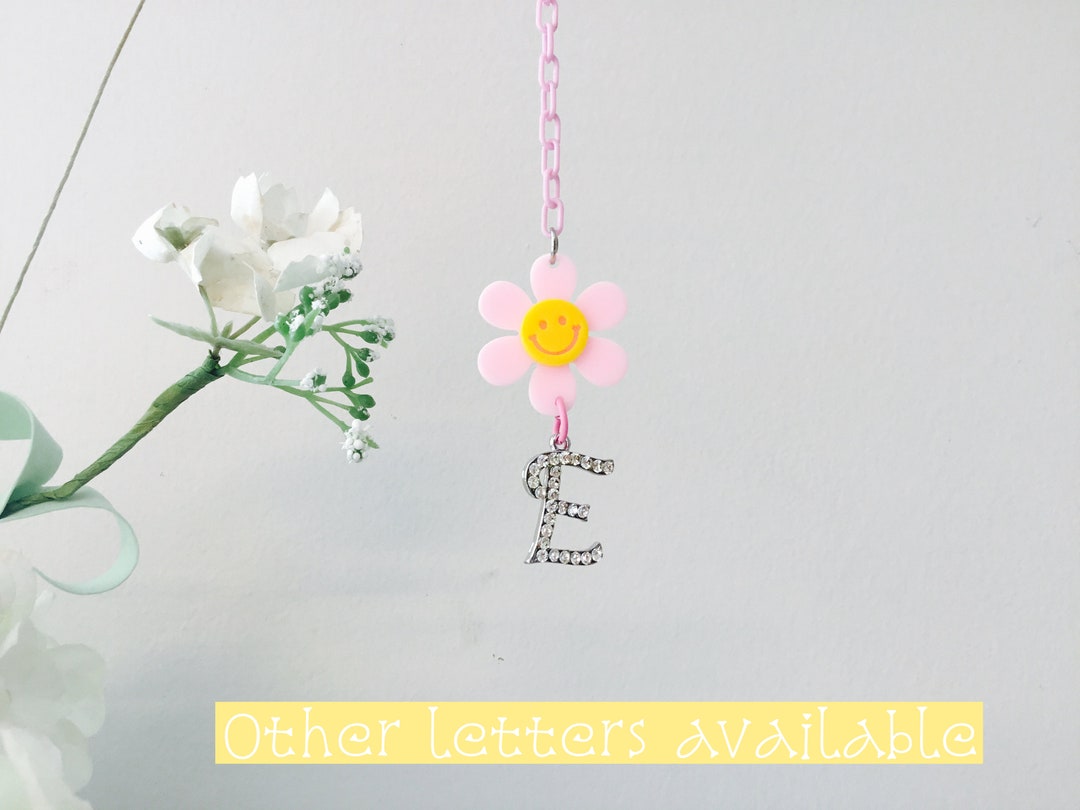 Initial E / Pink / Smiley Face / Flower / Crystal / Rear View Mirror ...