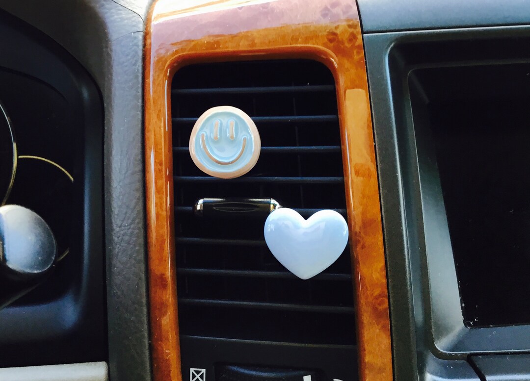 Set of 2 Blue Smiley Face / Heart Car Air Vent Clip Hook Holder Hanger ...