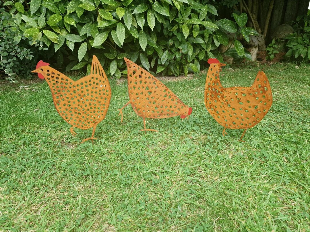 Set of 3 Hen Silhouettes Rust Style Garden Stake Family Decoration ...