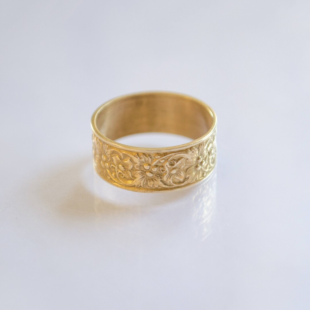 Statement Wide Gold Ring, Floral Gold Ring, Gold Wedding Band for Men ...
