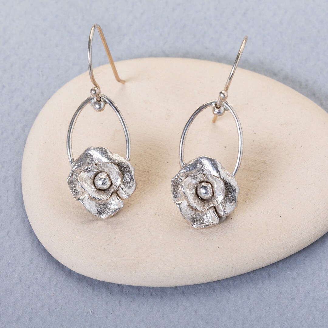 Unique Flower Dangle Earrings, Long Flower Earrings, Silver Flower ...