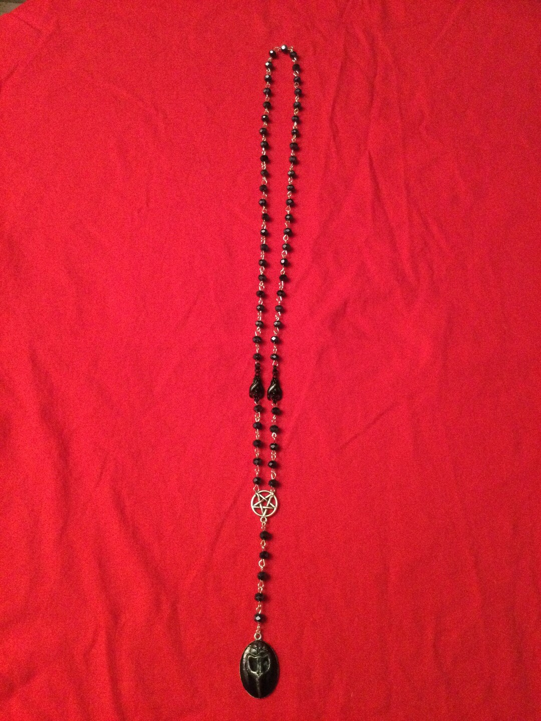 Rosary Goth With Hand Painted Gunmetal Raven Skull Cameo, Pentagram ...