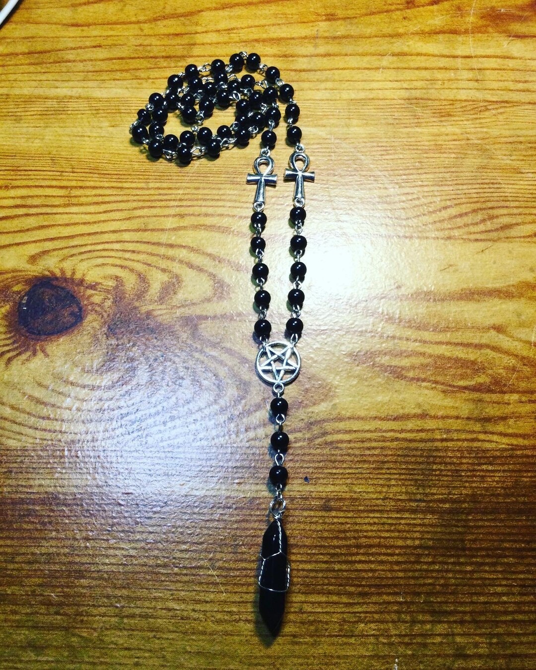 Rosary Goth With Obsidian Prism , Pentagram, and Ankh Beads - Etsy