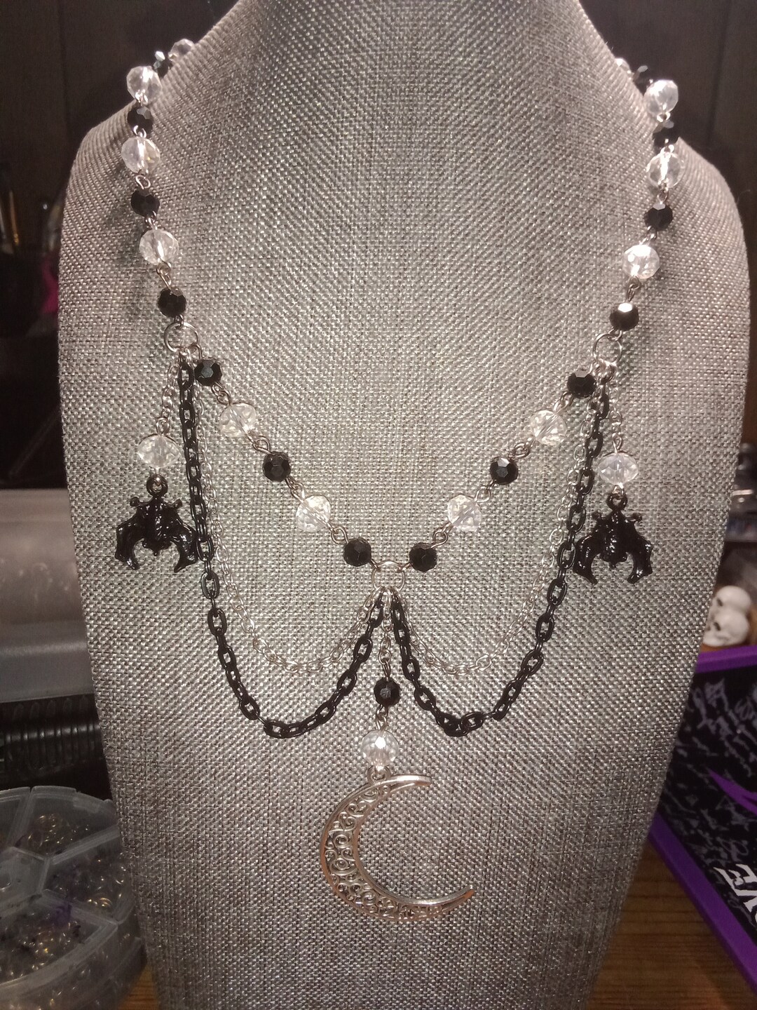 Layered Victorian Goth Necklace With Moon Pendant and Hanging Black ...