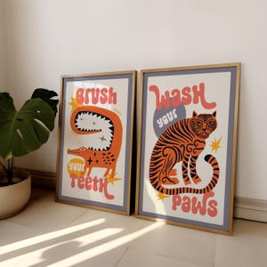 Tiger Wash Your Paws Bathroom Print Set, Fun Toilet Wall Art, Funny ...