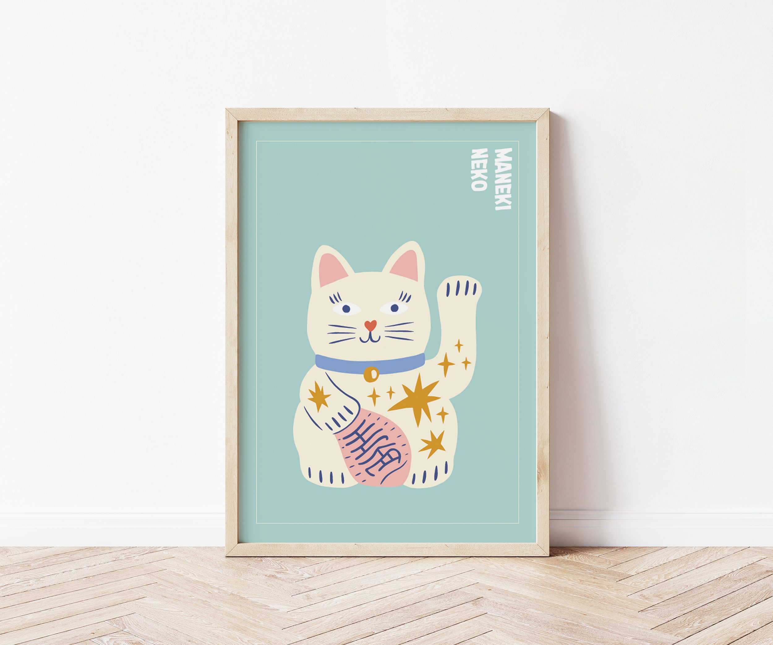 Lucky Cat Print Maneki Neko Wall Art Quirky Illustration | Etsy