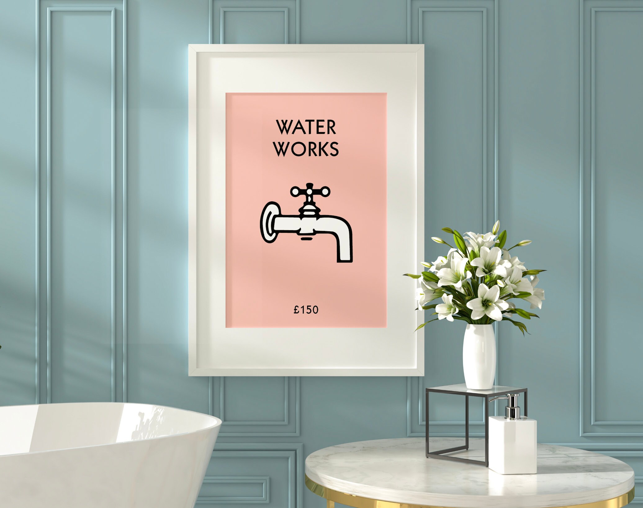 Monopoly Water Works Bathroom Print Pink and Cream New Home - Etsy