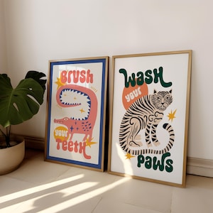 Tiger Wash Your Paws Bathroom Print Set, Fun Toilet Wall Art, Funny ...