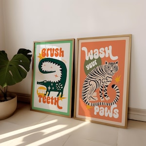 Tiger Wash Your Paws Bathroom Print Set, Fun Toilet Wall Art, Funny ...