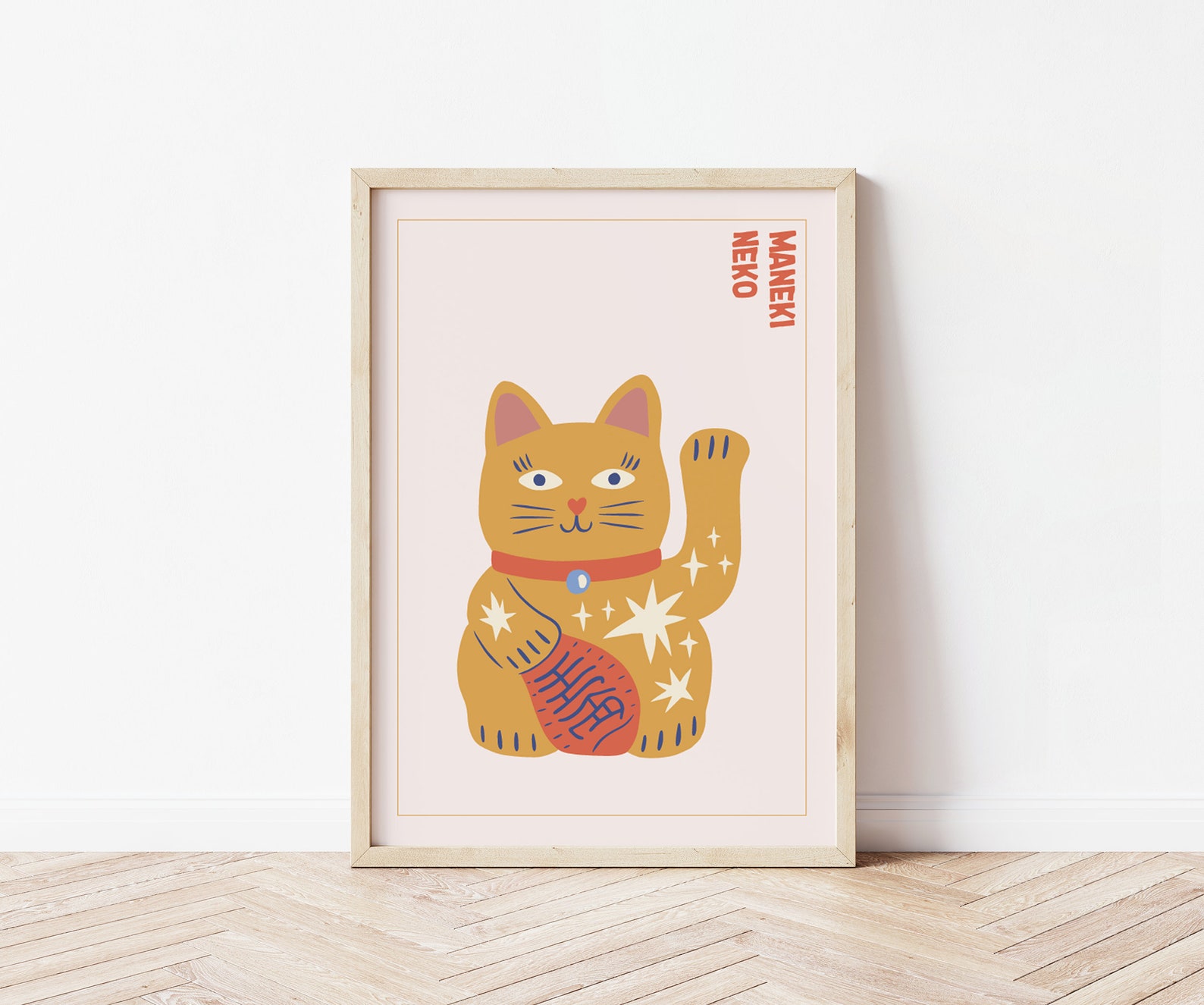 Lucky Cat Print Maneki Neko Wall Art Quirky Illustration | Etsy