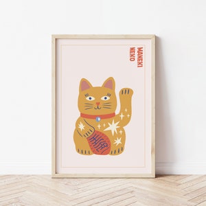 Lucky Cat Print, Maneki Neko Wall Art, Quirky Illustration, Gallery ...
