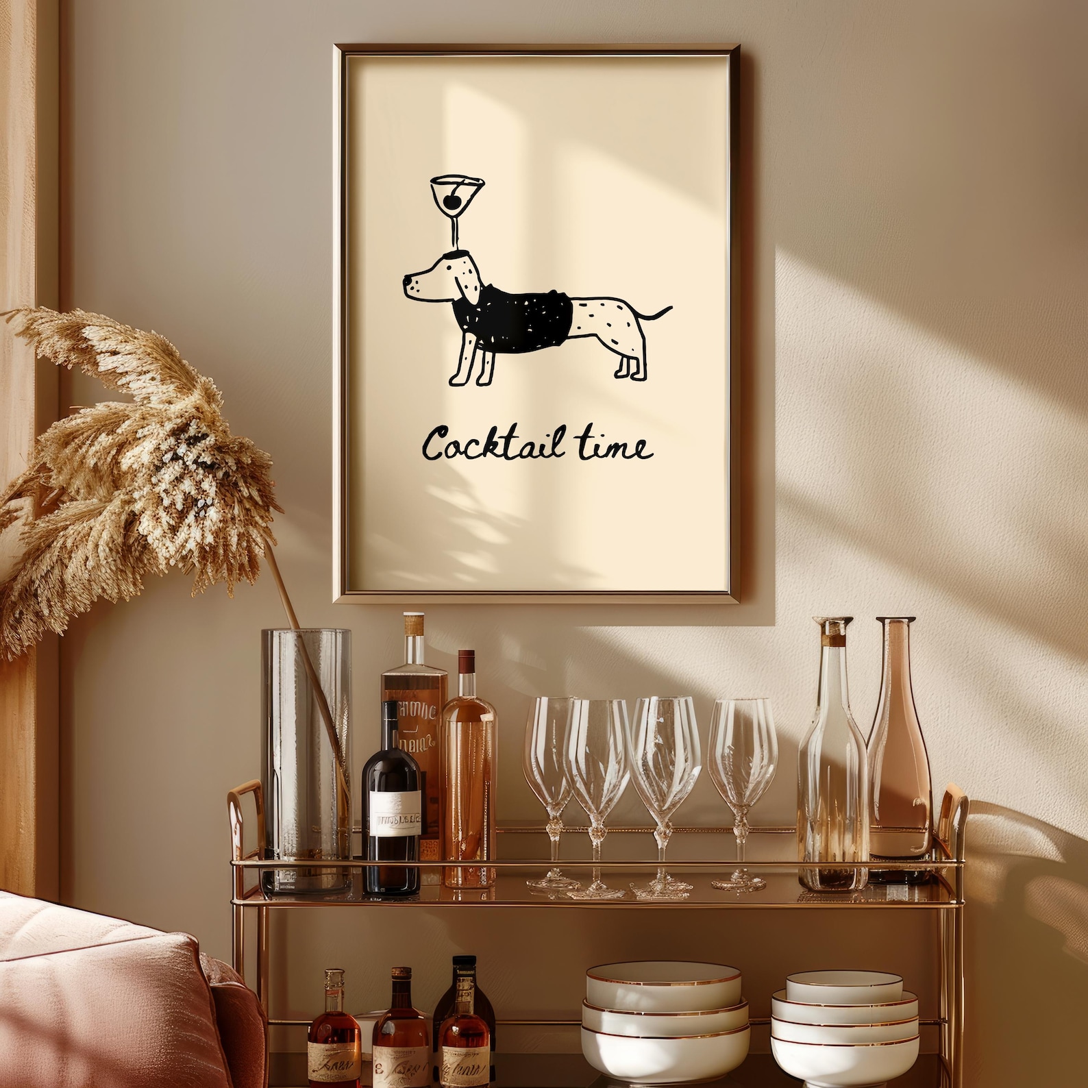 Cocktail Time Weiner Dog Wall Art Print, Hand Drawn Funny Art, Trendy ...