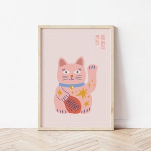 Lucky Cat Print, Maneki Neko Wall Art, Quirky Illustration, Gallery ...