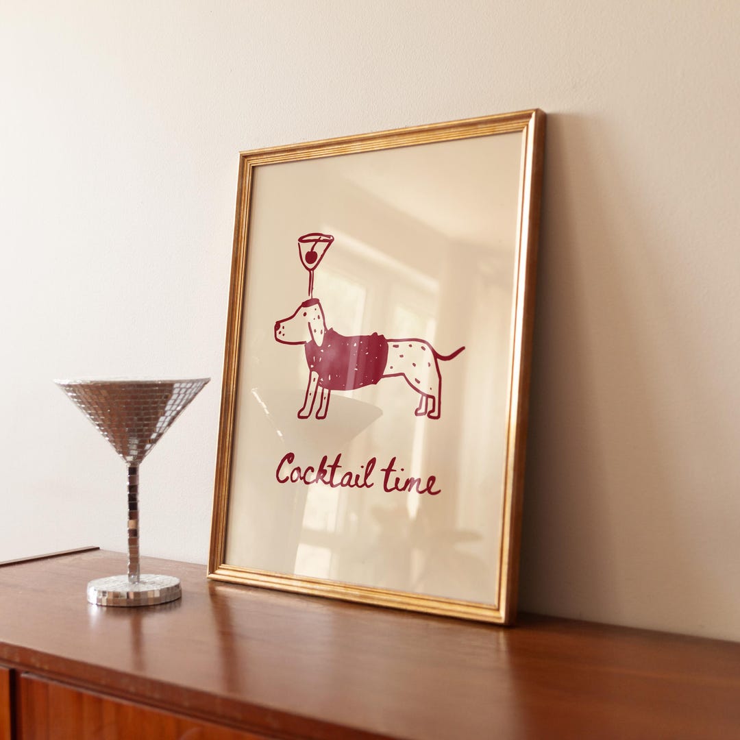 Cocktail Time Weiner Dog Wall Art Print, Hand Drawn Funny Art, Trendy ...