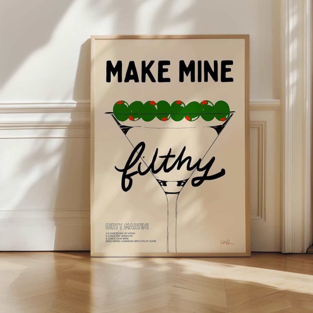 Hand Drawn Dirty Martini Kitchen Print | Drinks Poster | Bar Cart Art ...
