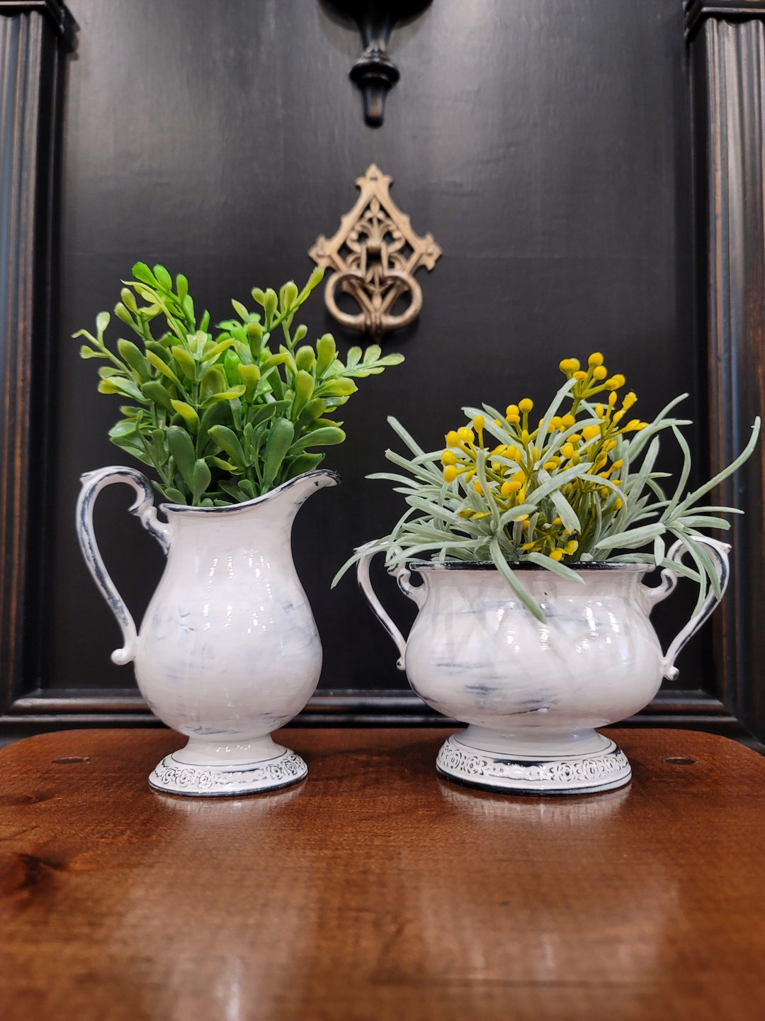White Distressed Metal Creamer and Sugar Bowl With Greenery. Farmhouse ...