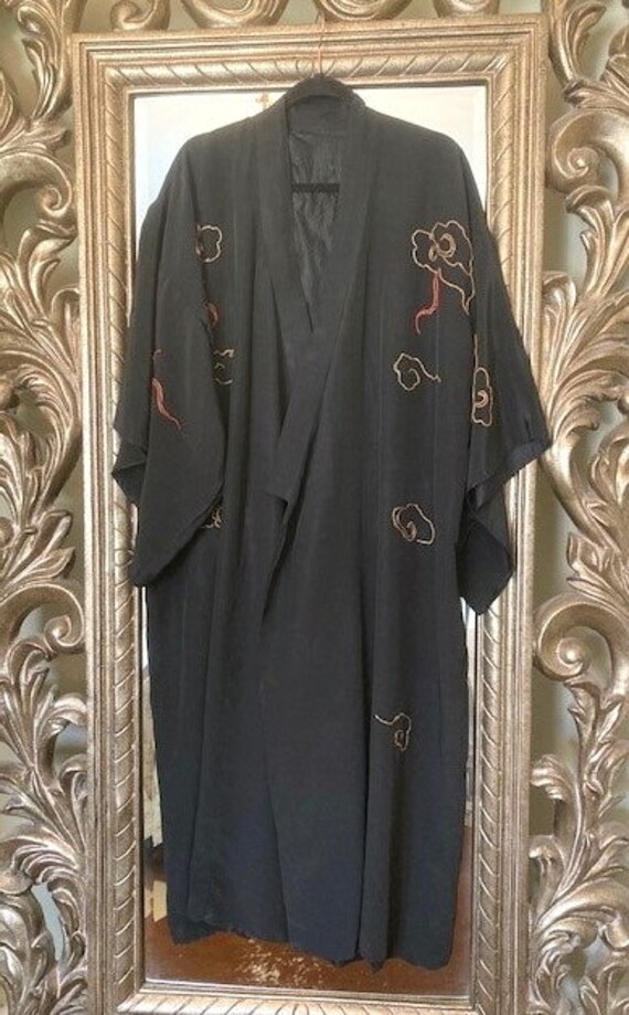 1920s Golden Dragon Kimono. Black Silk Japanese Embro… - Gem
