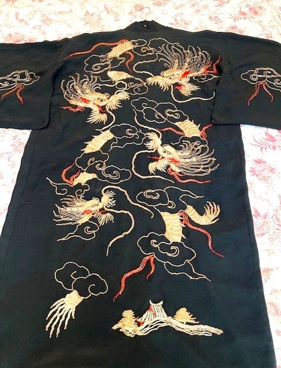 1920s Golden Dragon Kimono. Black Silk Japanese Embro… - Gem