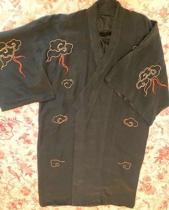 1920s Golden Dragon Kimono. Black Silk Japanese Embro… - Gem