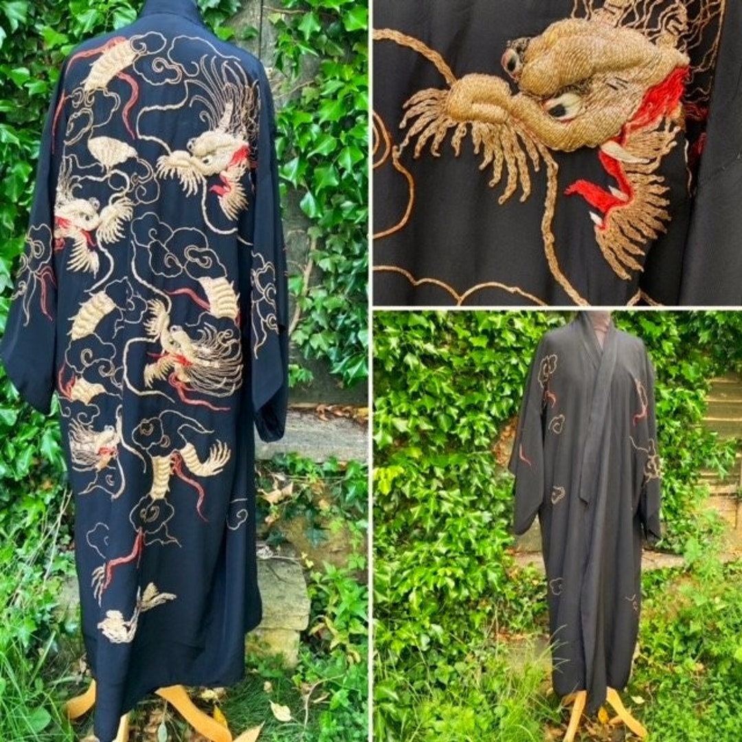 1920s Golden Dragon Kimono. Black Silk Japanese Embroidered Kimono/robe ...