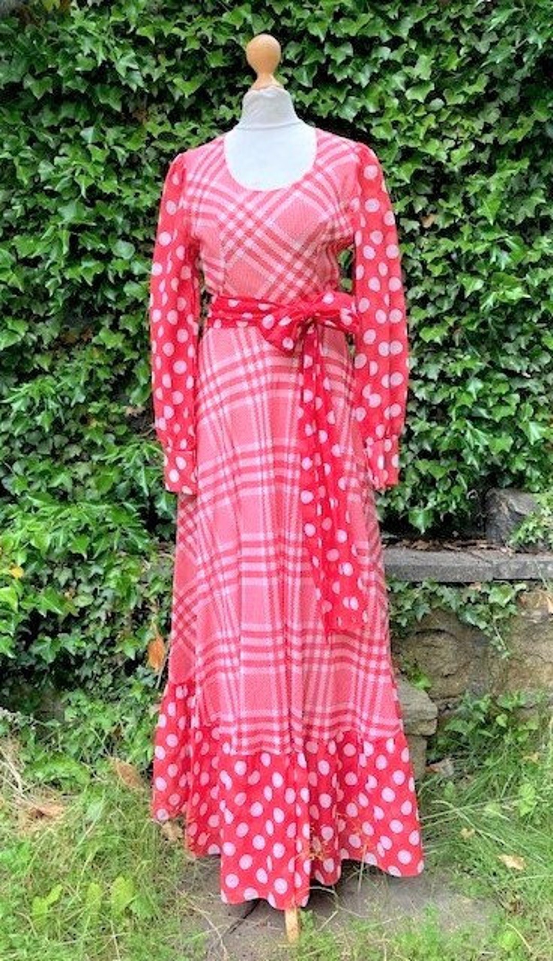 1970s Prairie Dress, XS. Vintage Maxi Prairie Day Dress .bold Red and ...