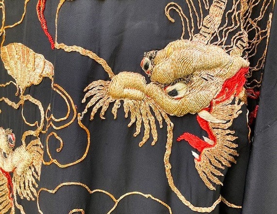 1920s Golden Dragon Kimono. Black Silk Japanese Embro… - Gem