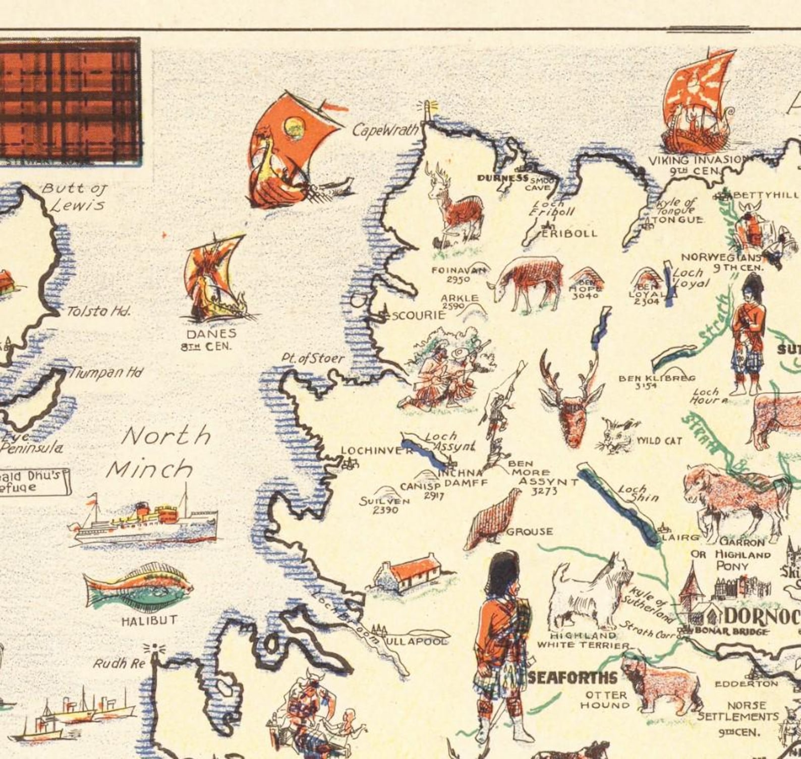 Vintage Scotland Map Print 1935 Poster Clan Tartan Pictorial Scotland ...