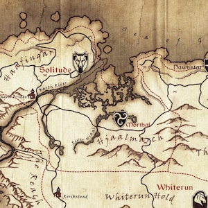 Vintage Skyrim Map Print Tamriel Fantasy Poster Antique Video Game Wall ...