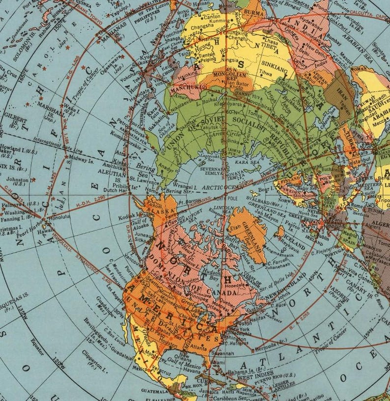 Vintage Air Age Map of the World Print 1943 Polar Projection Poster ...