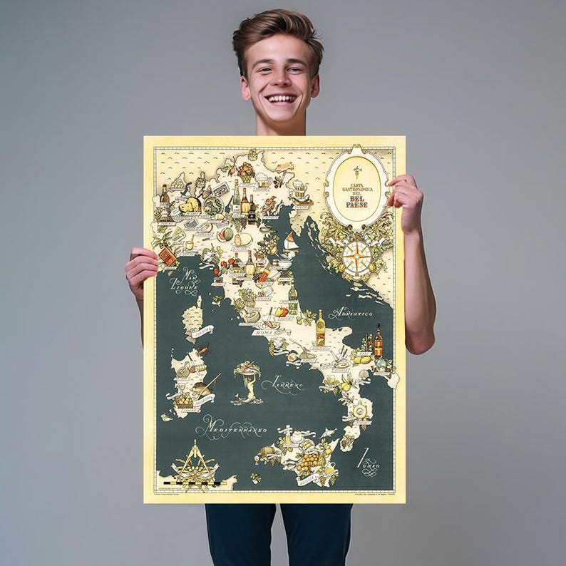 Vintage Italy Gastronomy Map Print Umberto Zimmelli Poster Pictorial ...