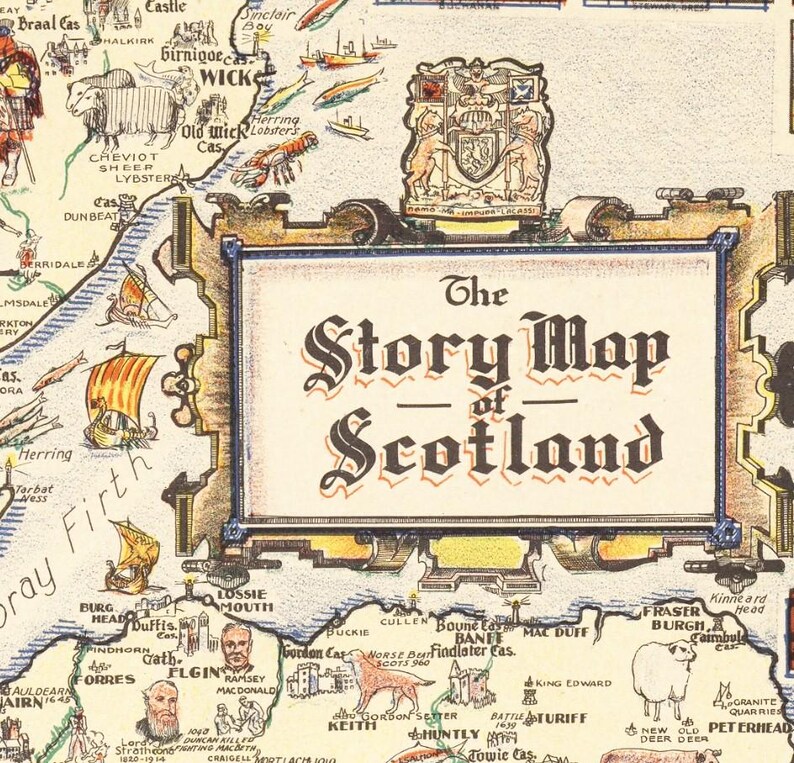 Vintage Scotland Map Print 1935 Poster Clan Tartan Pictorial Scotland ...